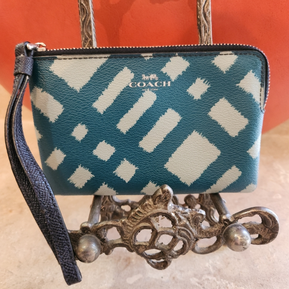 Teal Blue With Silver Hardware Coach Wristlet - Gem